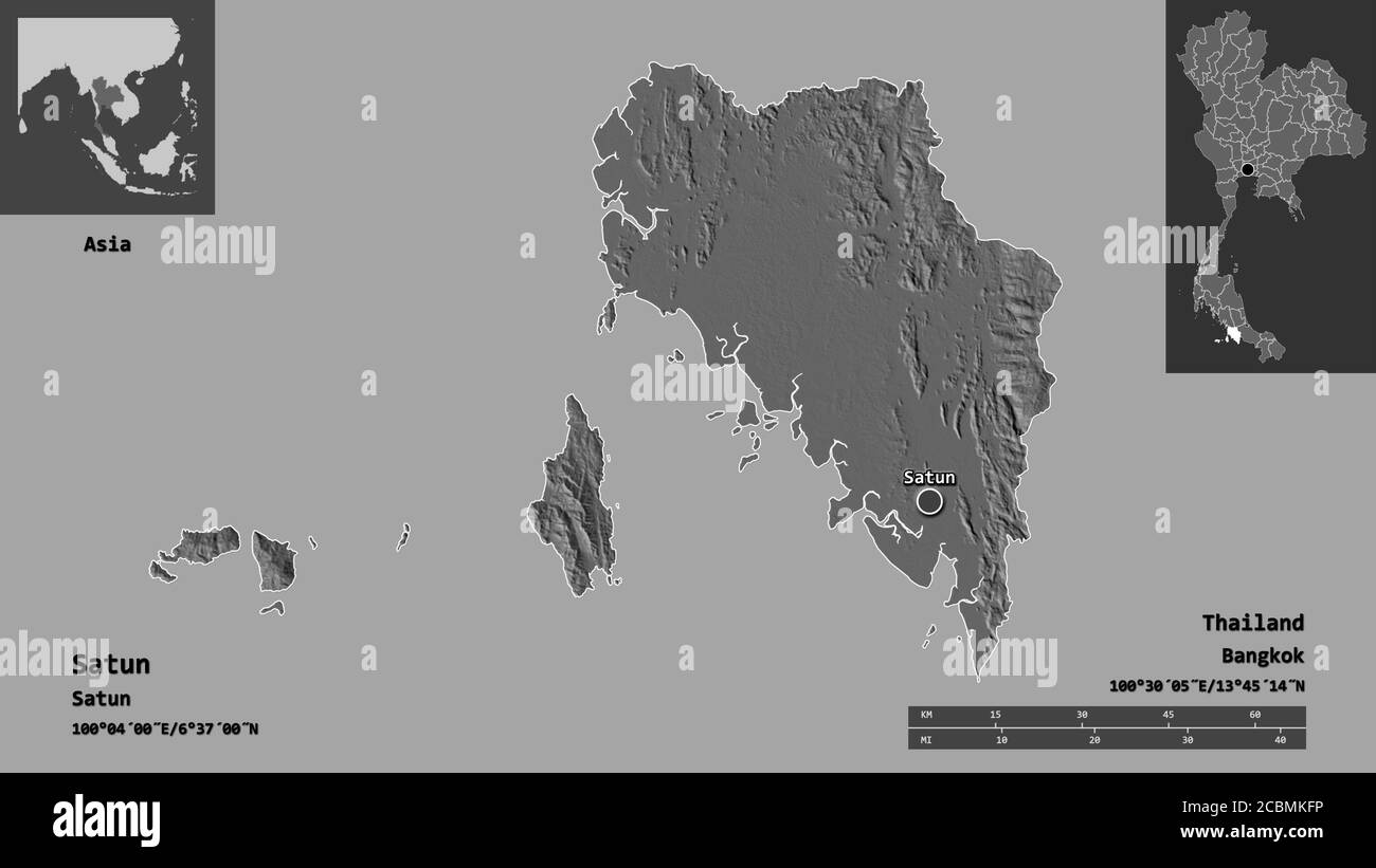 Shape of Satun, province of Thailand, and its capital. Distance scale ...