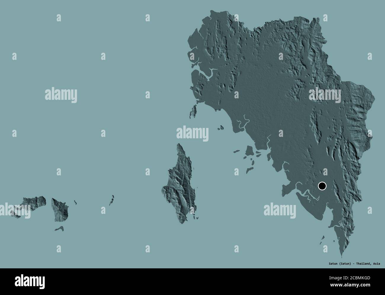 Shape of Satun, province of Thailand, with its capital isolated on a ...