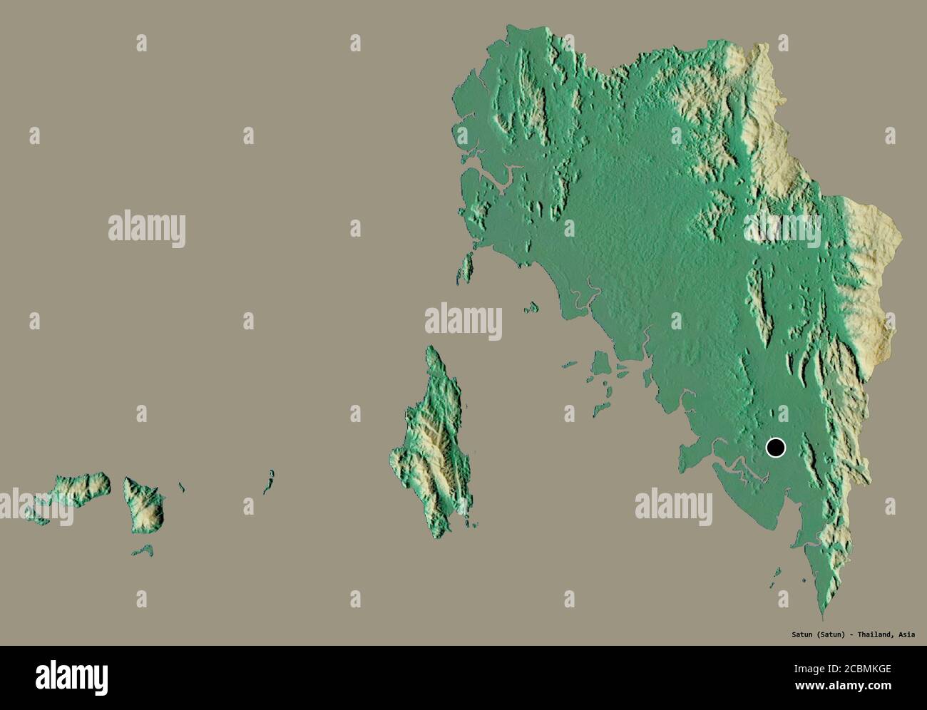 Shape of Satun, province of Thailand, with its capital isolated on a ...
