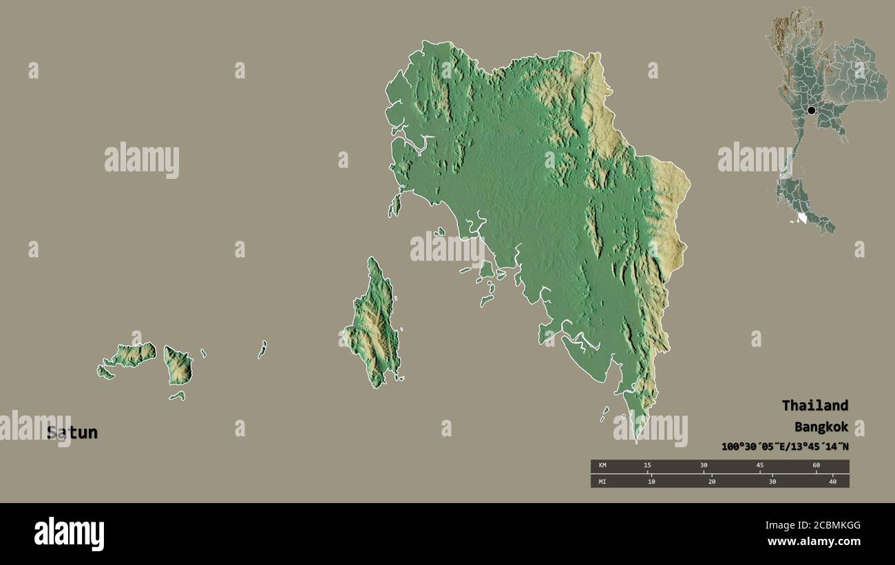 Shape of Satun, province of Thailand, with its capital isolated on ...