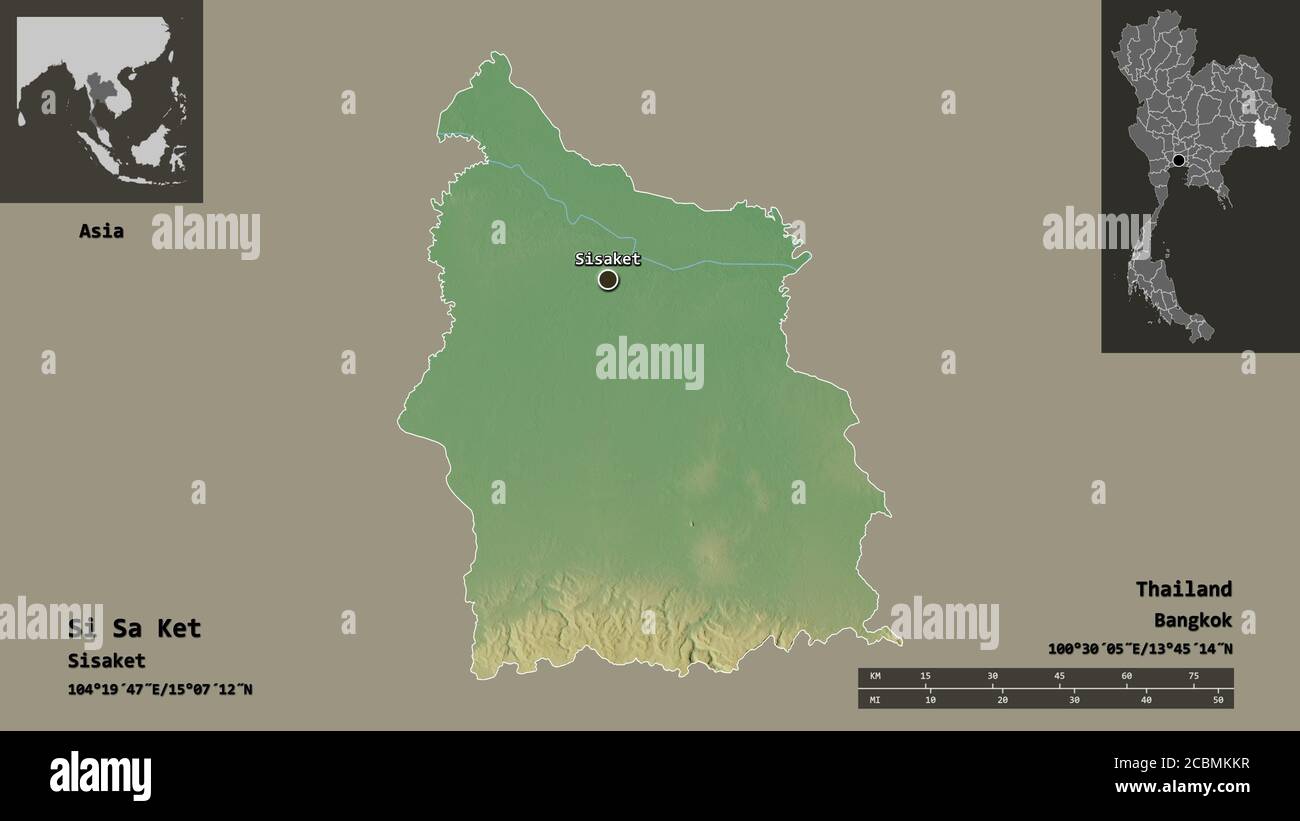 Shape of Si Sa Ket, province of Thailand, and its capital. Distance ...