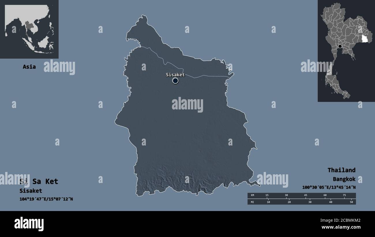 Shape of Si Sa Ket, province of Thailand, and its capital. Distance ...