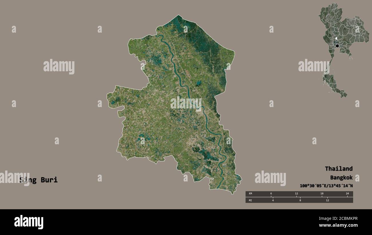 Shape of Sing Buri, province of Thailand, with its capital isolated on ...