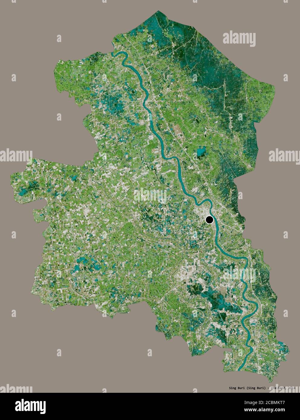 Shape of Sing Buri, province of Thailand, with its capital isolated on ...