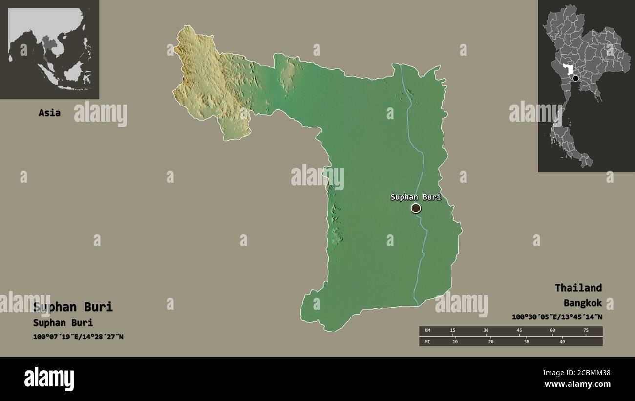 Shape of Suphan Buri, province of Thailand, and its capital. Distance ...