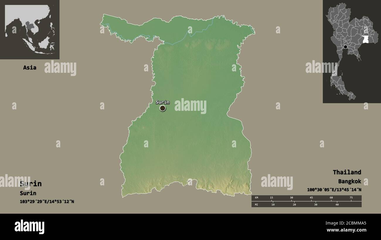 Shape of Surin, province of Thailand, and its capital. Distance scale ...