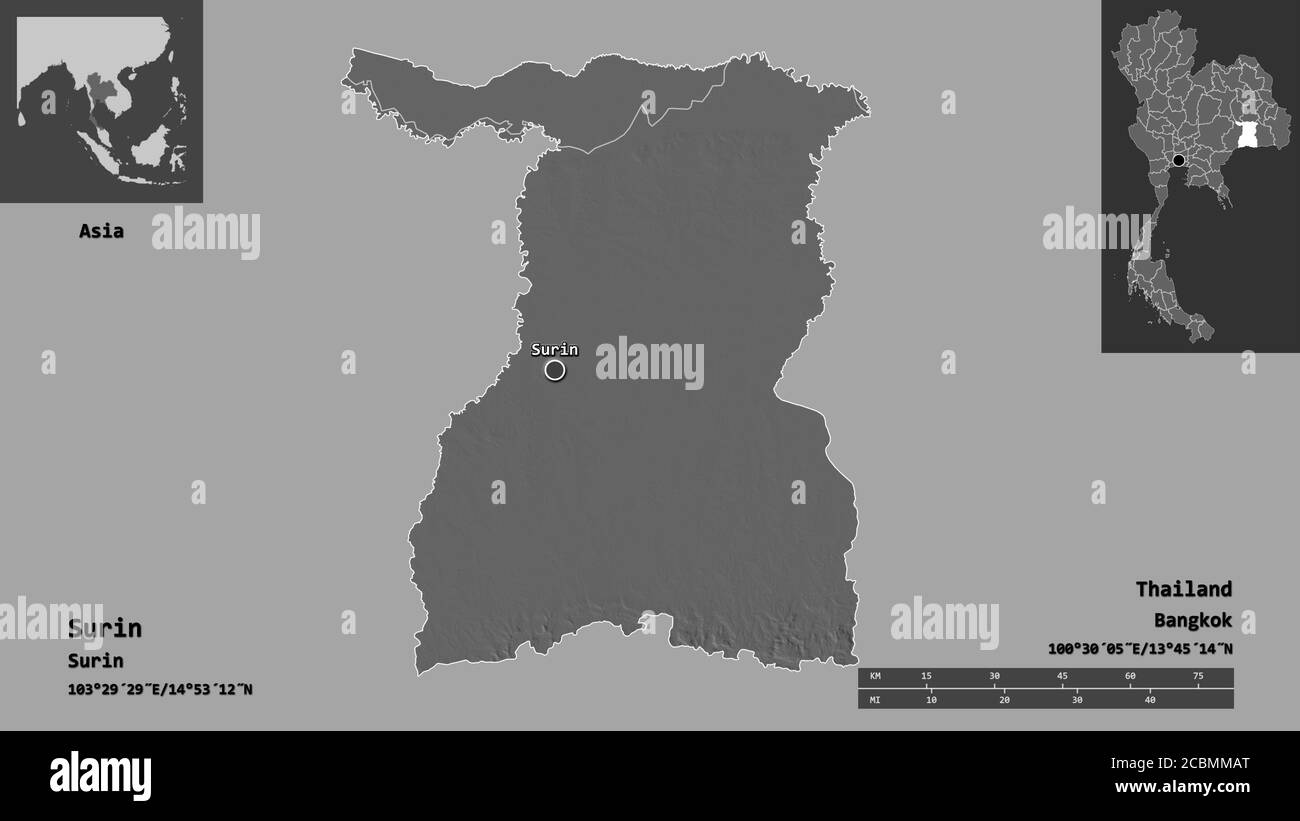 Shape of Surin, province of Thailand, and its capital. Distance scale ...