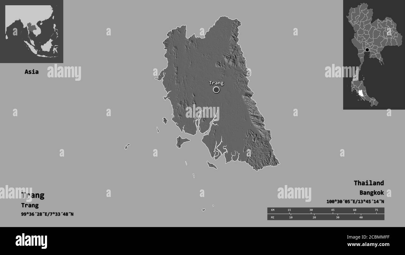 Shape of Trang, province of Thailand, and its capital. Distance scale ...