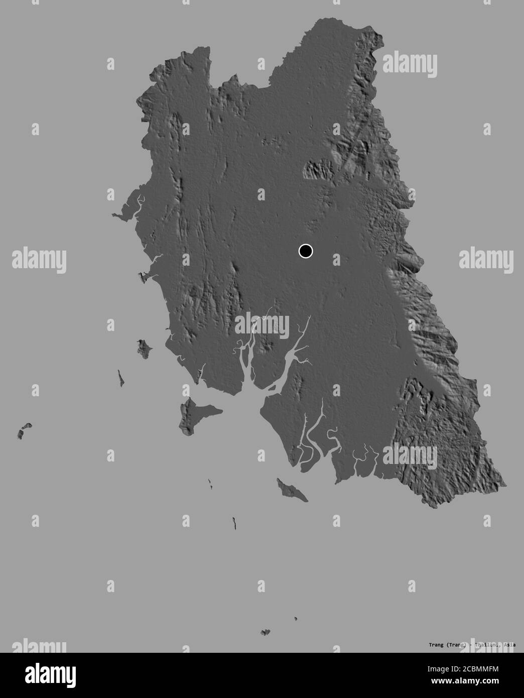 Shape of Trang, province of Thailand, with its capital isolated on a ...