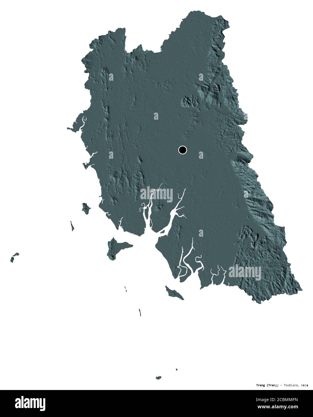 Shape of Trang, province of Thailand, with its capital isolated on ...