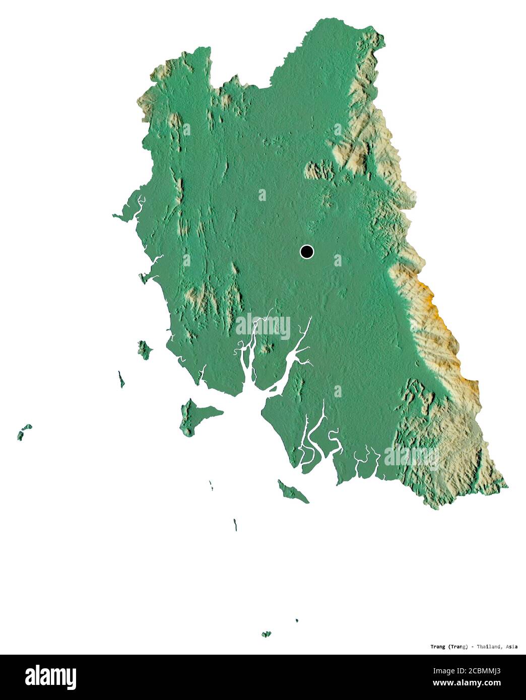 Shape of Trang, province of Thailand, with its capital isolated on ...