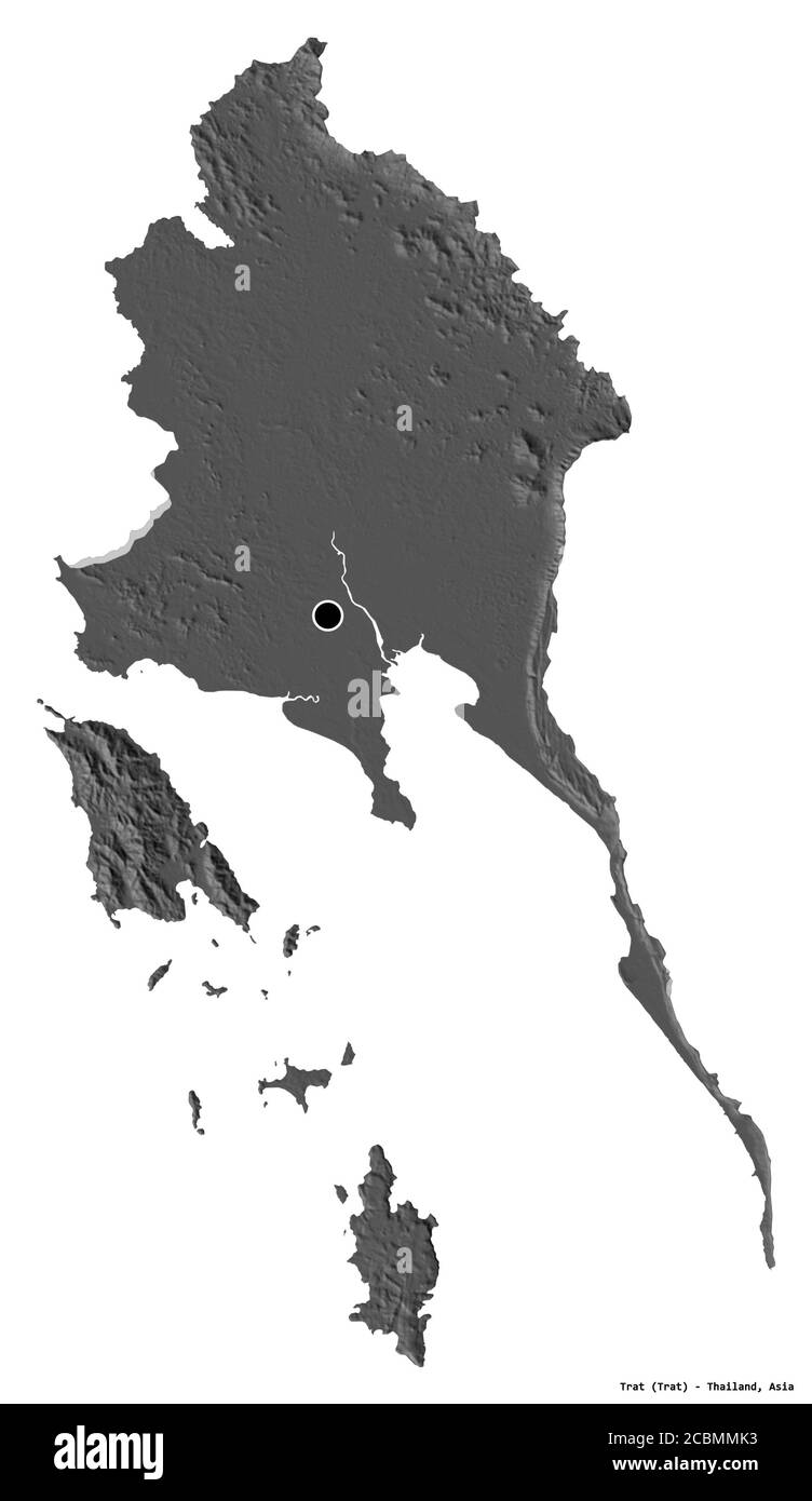 Shape of Trat, province of Thailand, with its capital isolated on white ...