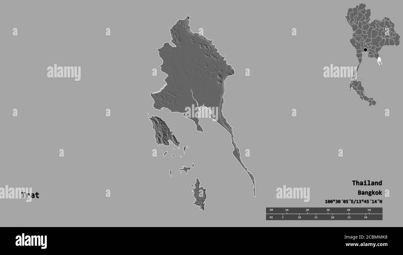 Shape of Trat, province of Thailand, with its capital isolated on solid ...