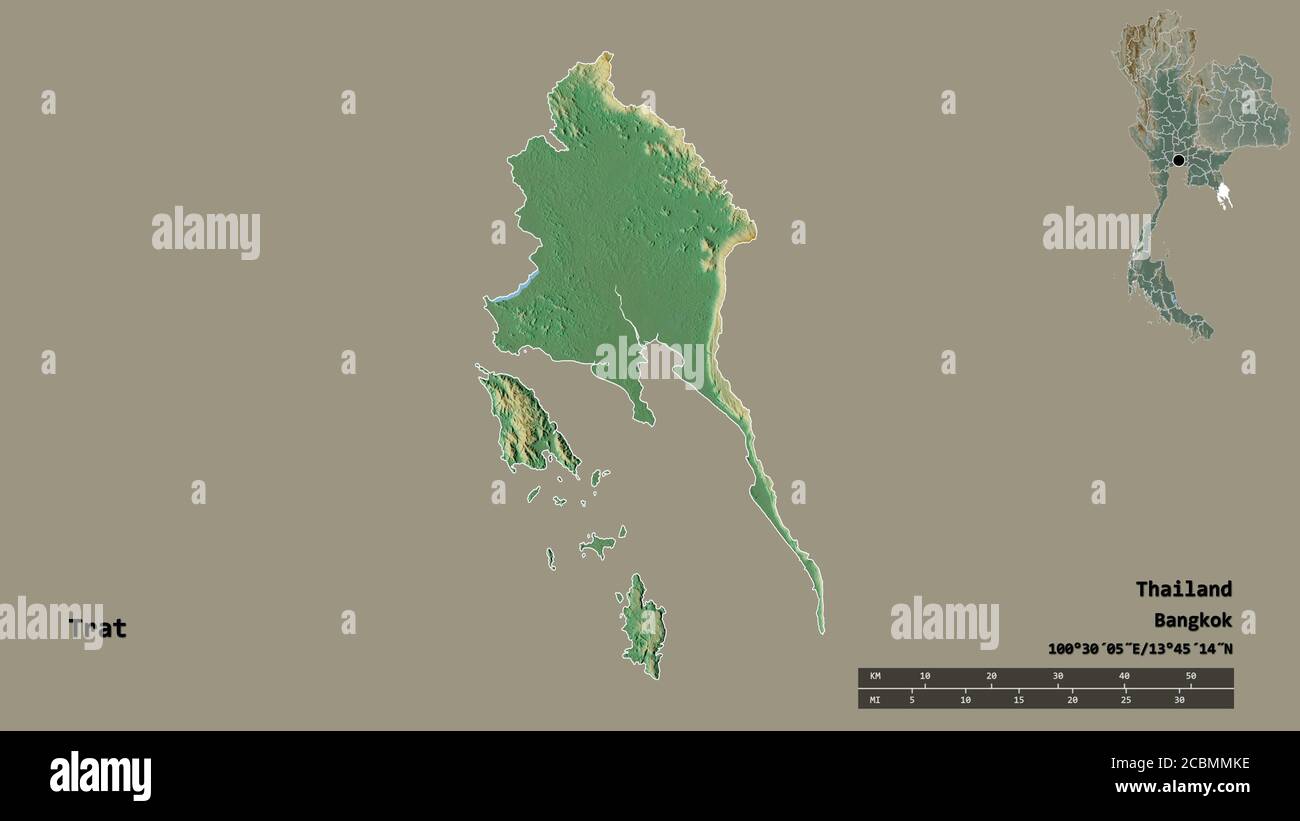 Shape of Trat, province of Thailand, with its capital isolated on solid background. Distance ...