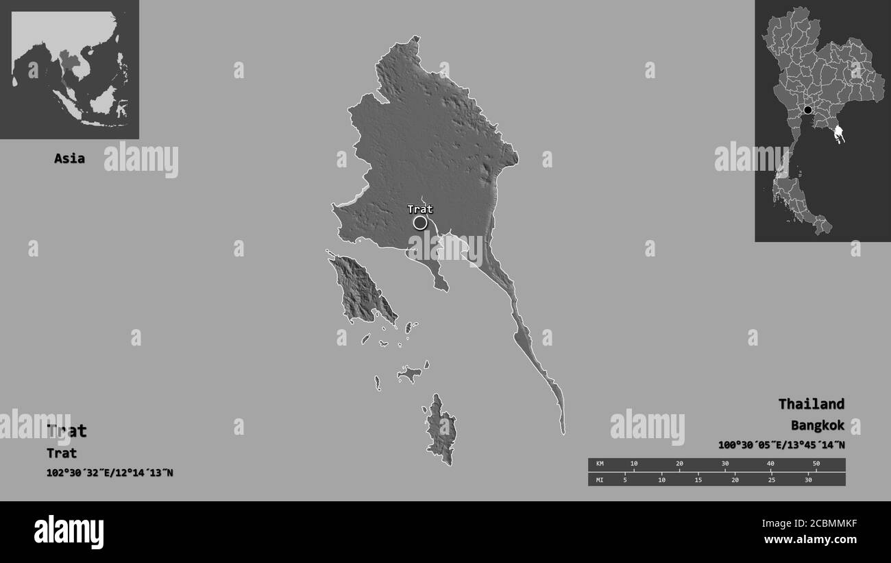 Shape of Trat, province of Thailand, and its capital. Distance scale ...