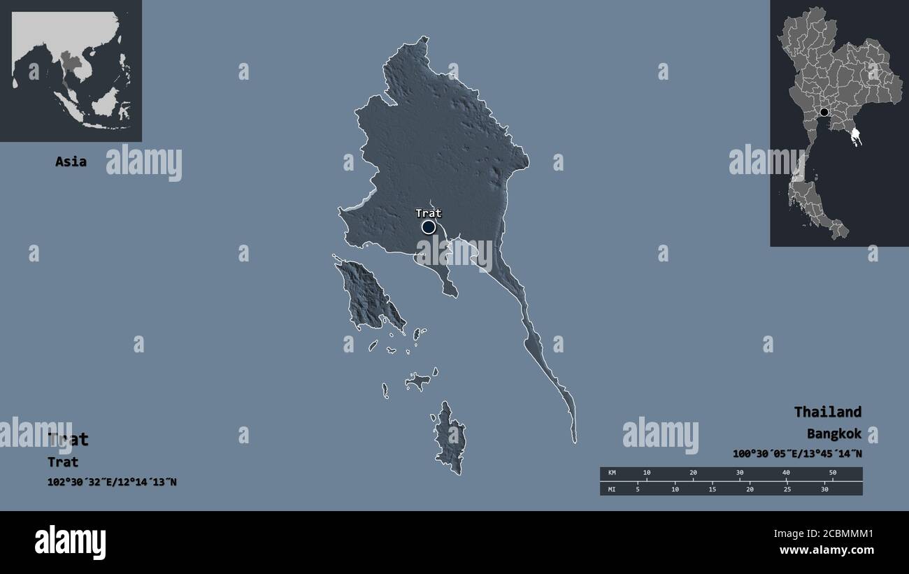 Shape of Trat, province of Thailand, and its capital. Distance scale ...