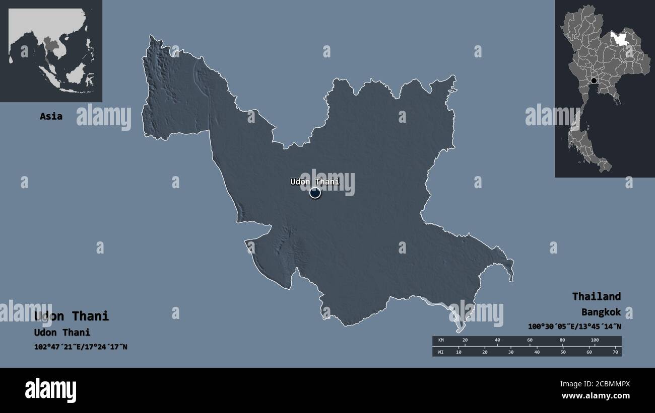 Shape of Udon Thani, province of Thailand, and its capital. Distance ...