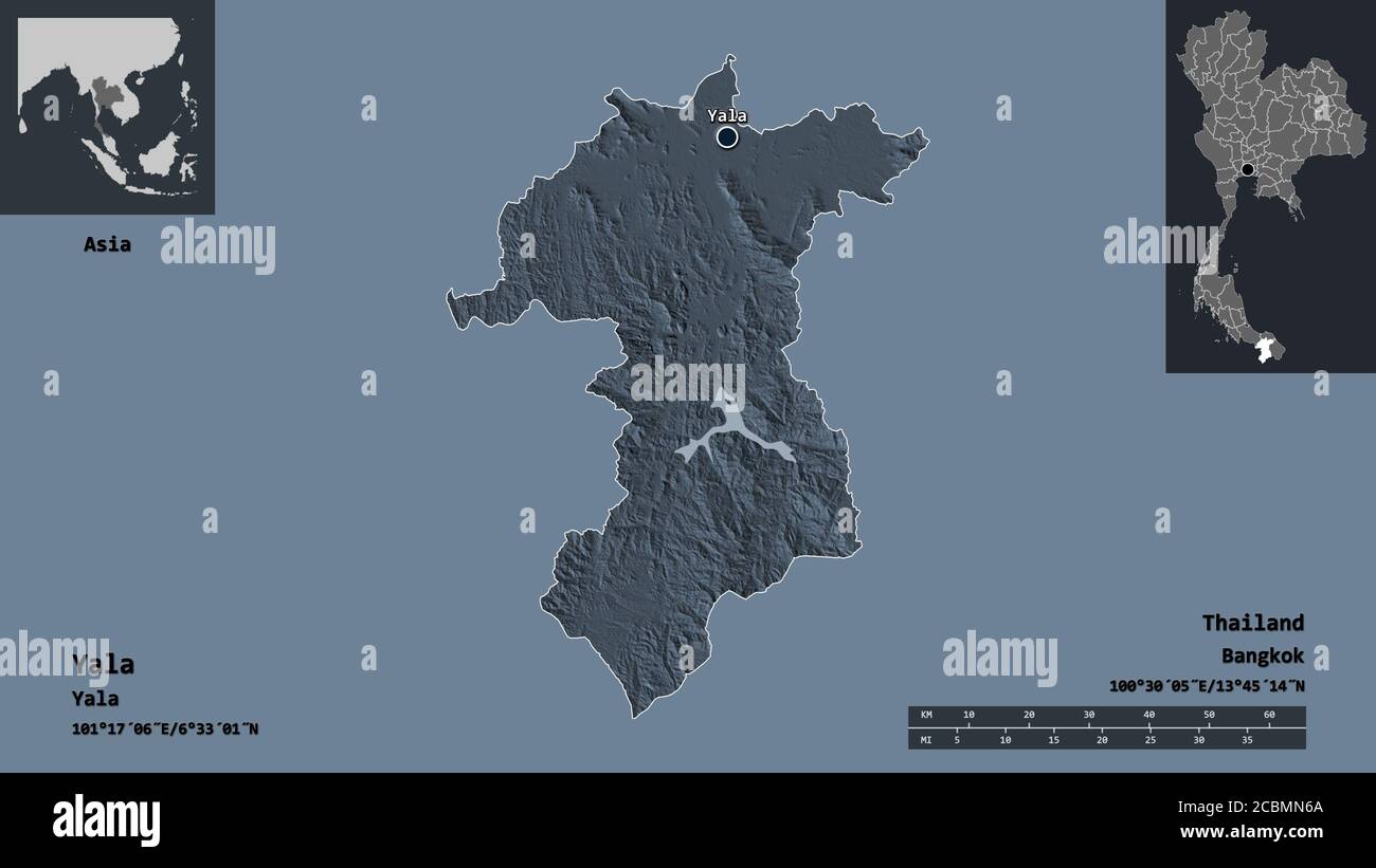 Shape of Yala, province of Thailand, and its capital. Distance scale ...