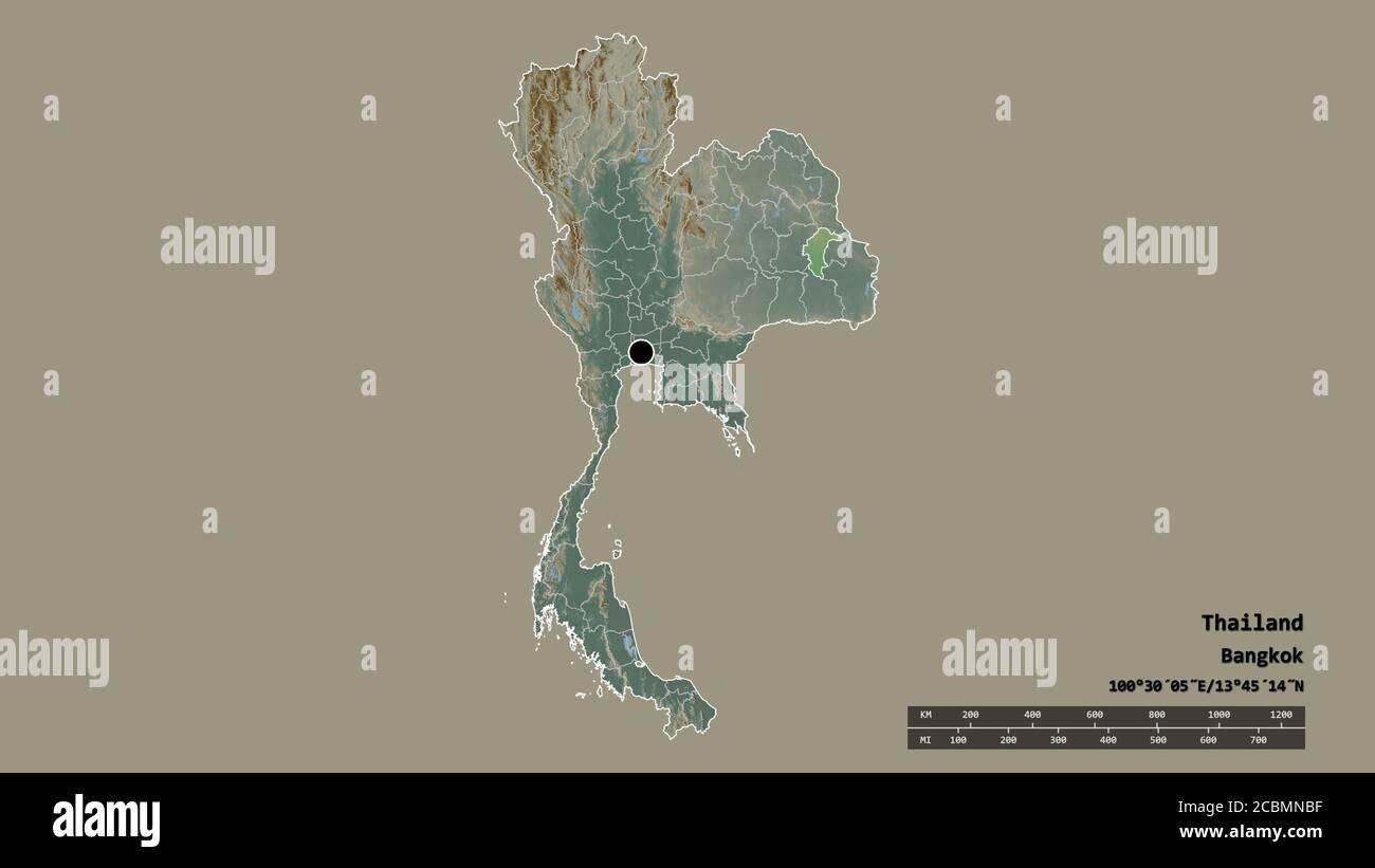Desaturated shape of Thailand with its capital, main regional division ...