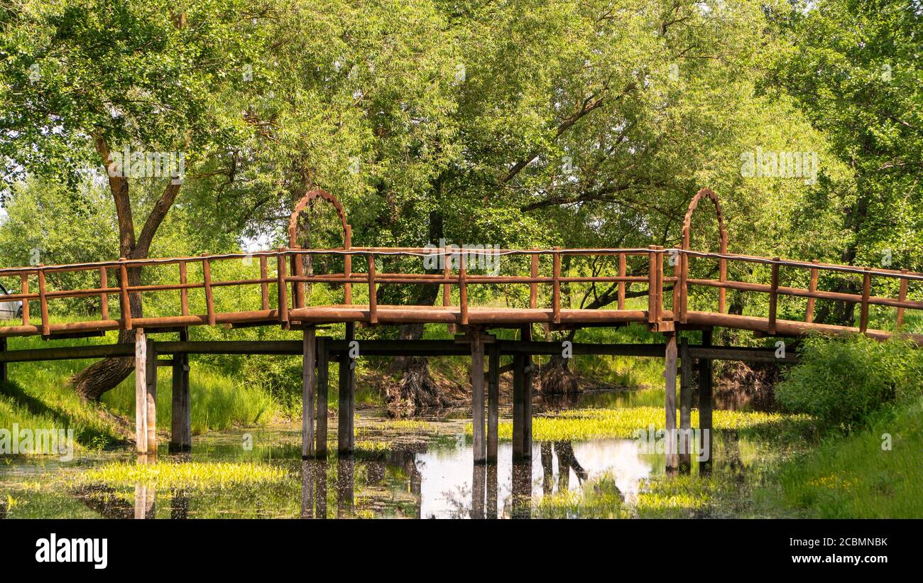 wooden high bridge over an overgrown river bed Stock Photo - Alamy