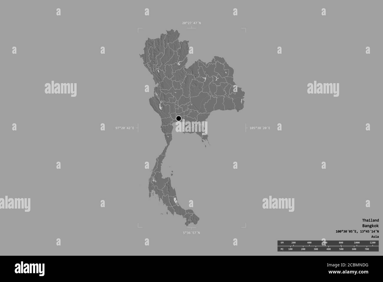 Area of Thailand isolated on a solid background in a georeferenced ...