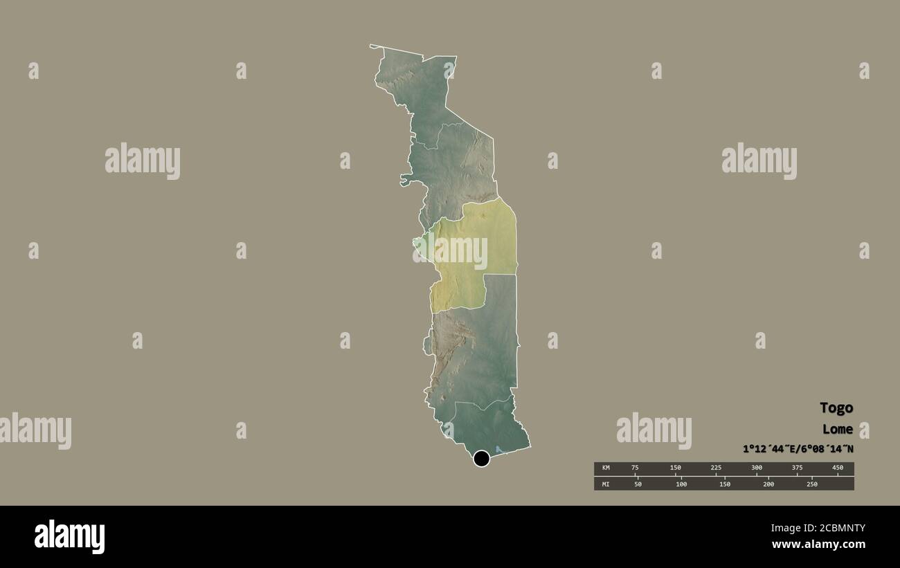 Desaturated shape of Togo with its capital, main regional division and ...