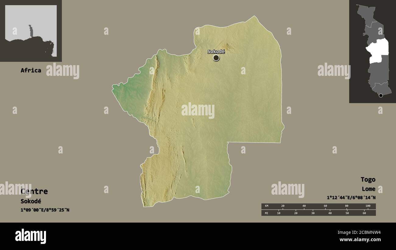 Shape of Centre, region of Togo, and its capital. Distance scale ...
