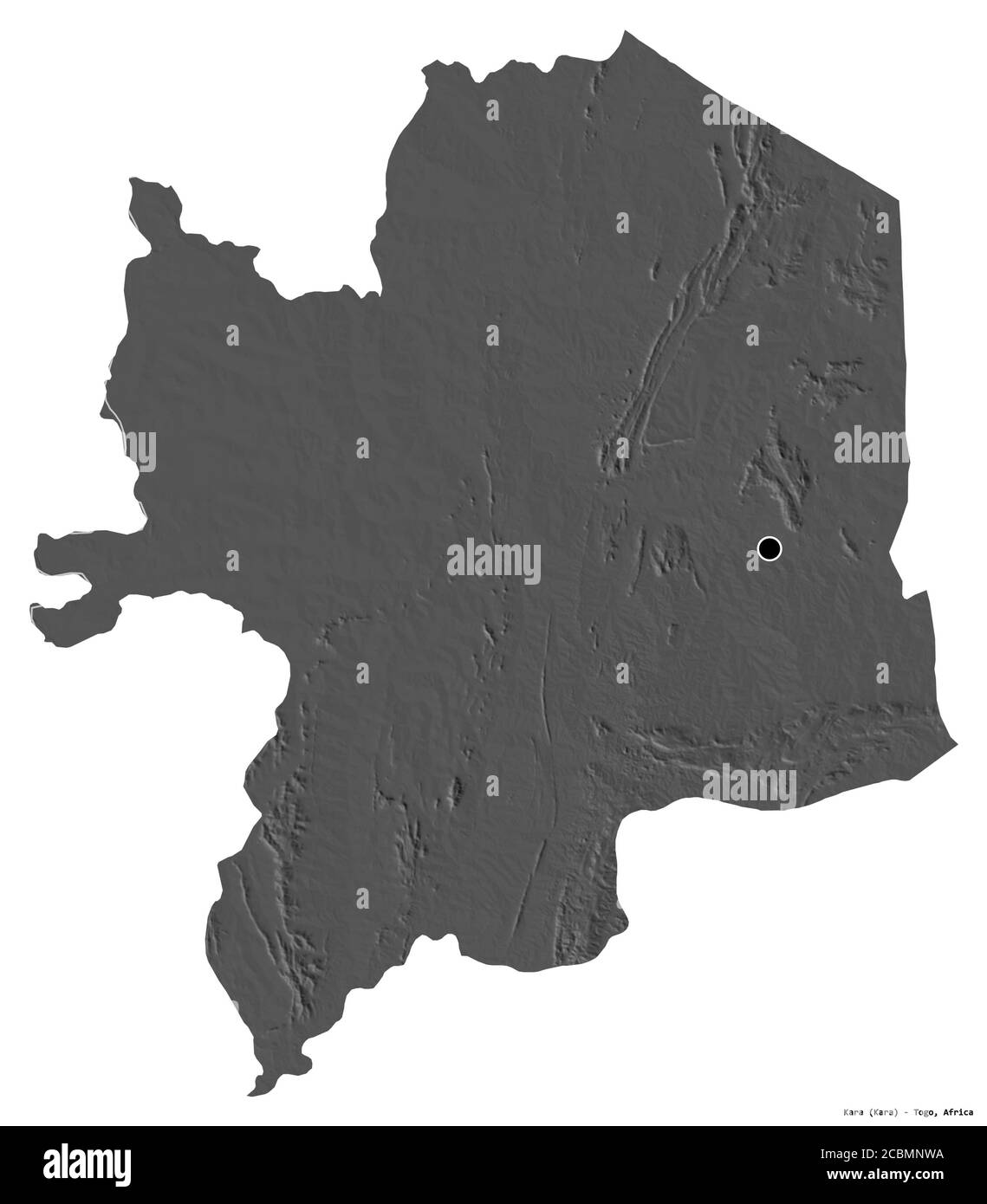 Shape of Kara, region of Togo, with its capital isolated on white ...