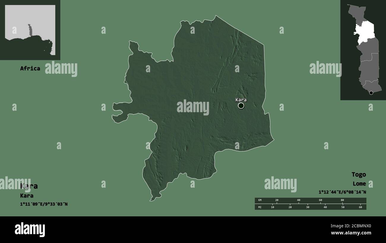 Shape of Kara, region of Togo, and its capital. Distance scale ...