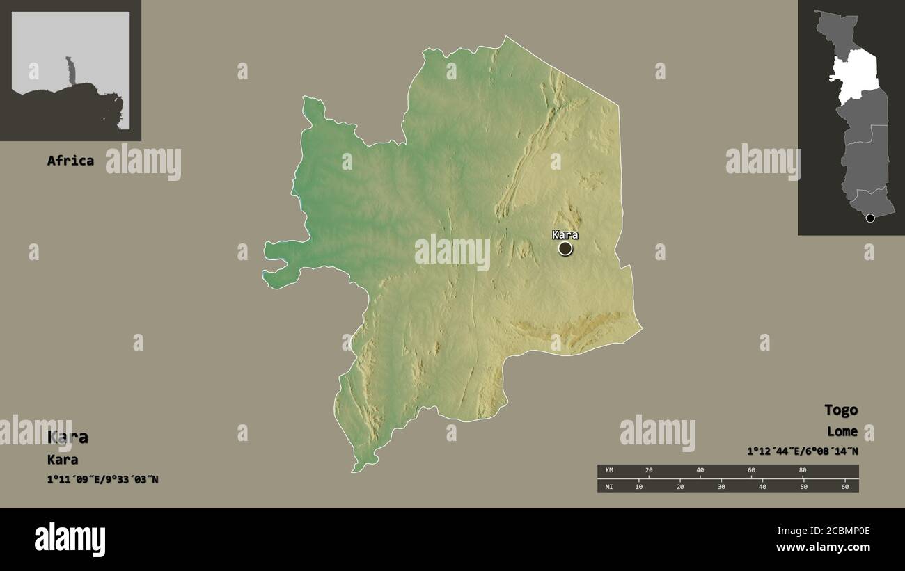 Shape of Kara, region of Togo, and its capital. Distance scale ...