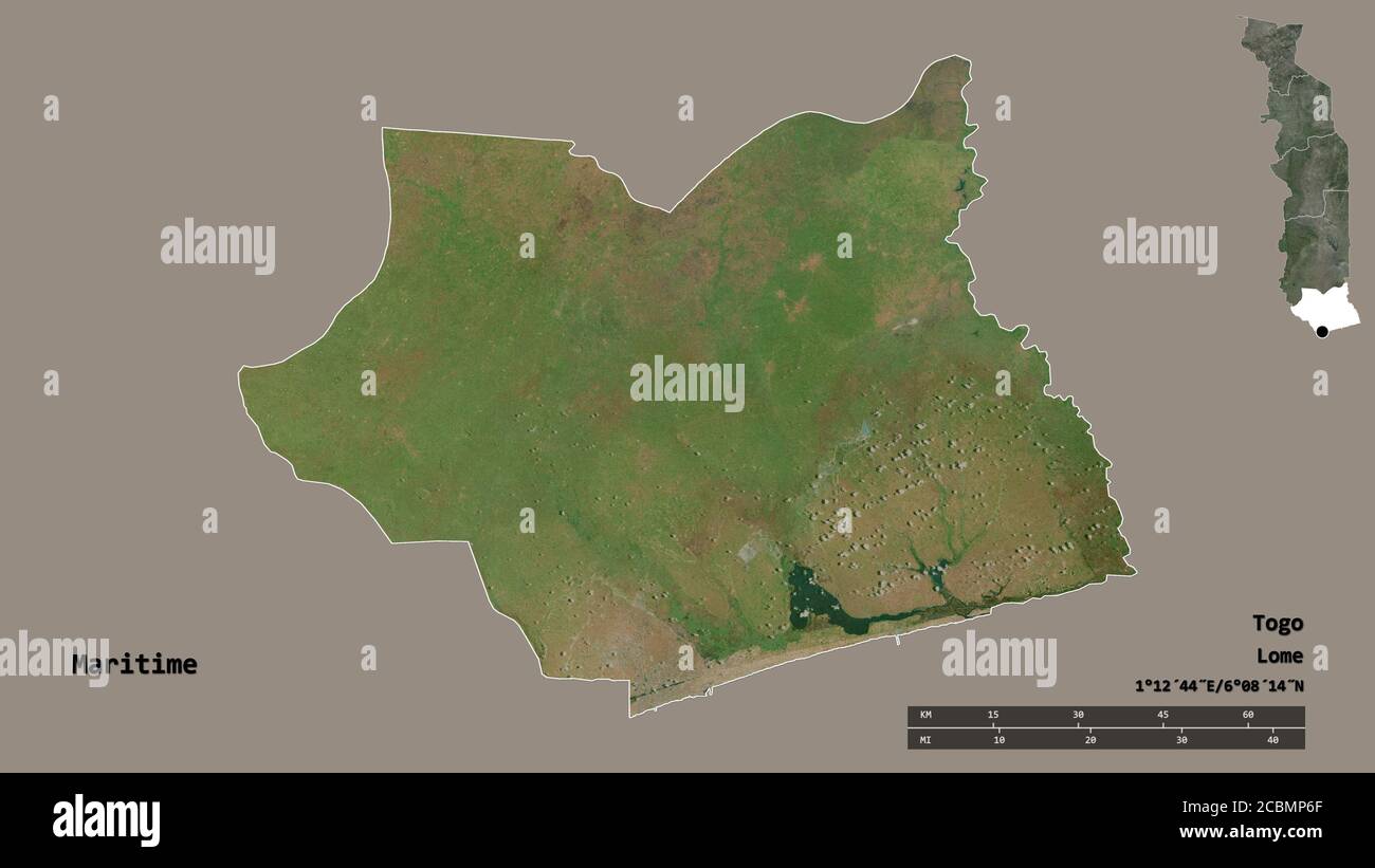 Shape of Maritime, region of Togo, with its capital isolated on solid ...