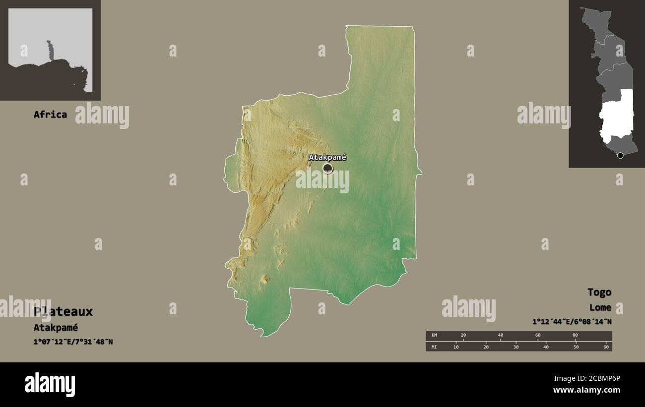 Shape of Plateaux, region of Togo, and its capital. Distance scale ...