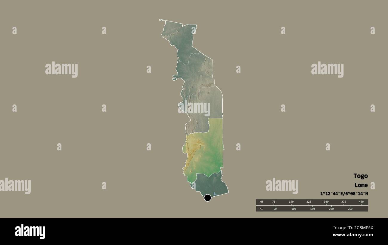 Desaturated shape of Togo with its capital, main regional division and ...