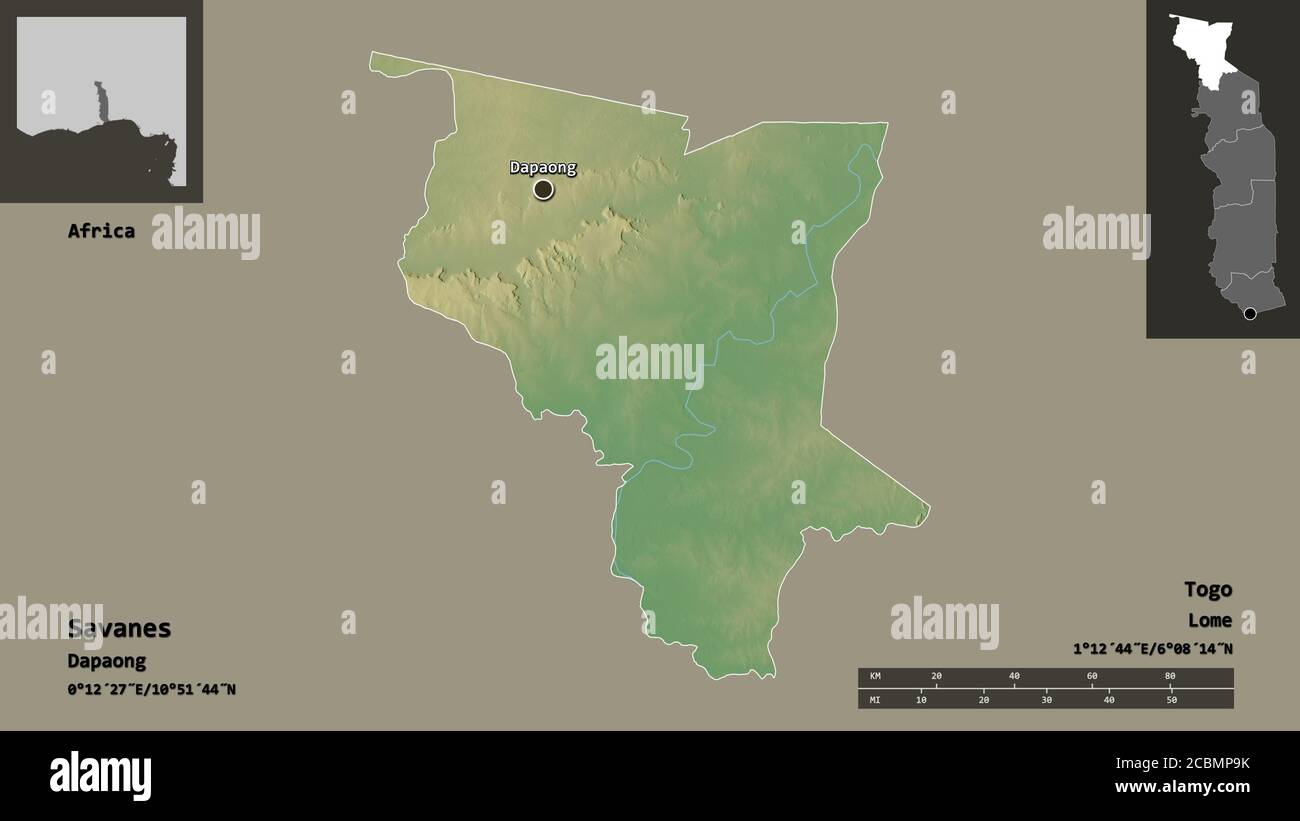 Shape of Savanes, region of Togo, and its capital. Distance scale ...