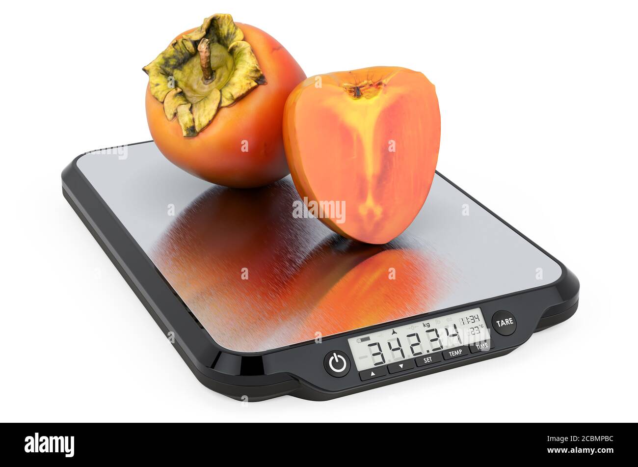 Kitchen Scales with Persimmons. 3D rendering isolated on white ...