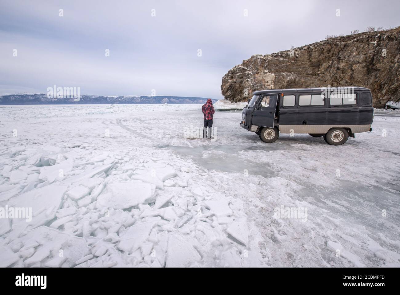 UAZ 452 van on the frozen surface of Lake Baikal, Russia Stock Photo ...