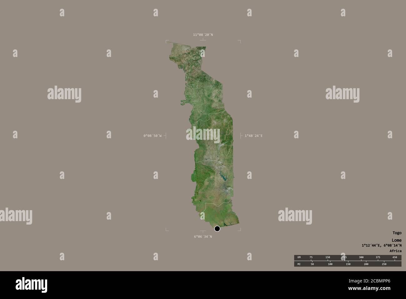 Area of Togo isolated on a solid background in a georeferenced bounding ...