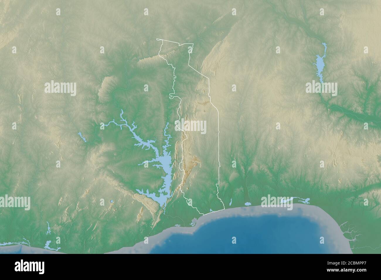 Extended area of outlined Togo. Topographic relief map. 3D rendering ...