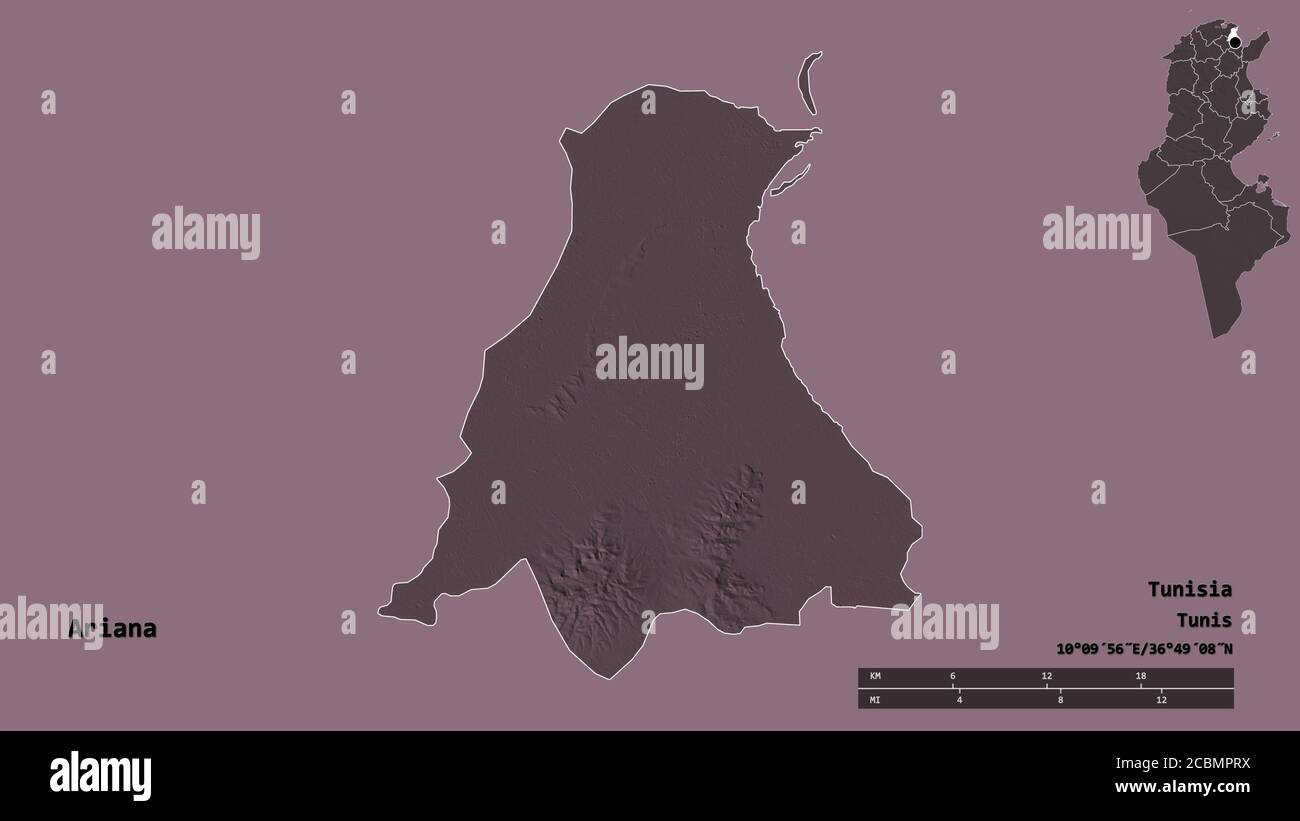 Shape of Ariana, governorate of Tunisia, with its capital isolated on ...