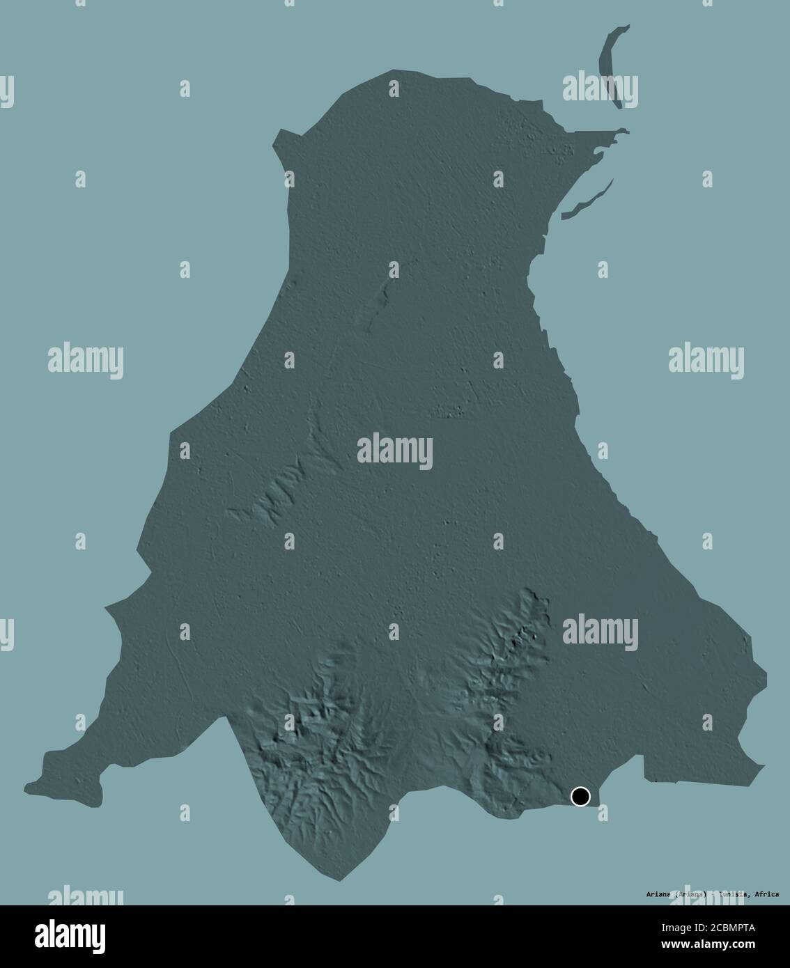 Shape of Ariana, governorate of Tunisia, with its capital isolated on a ...