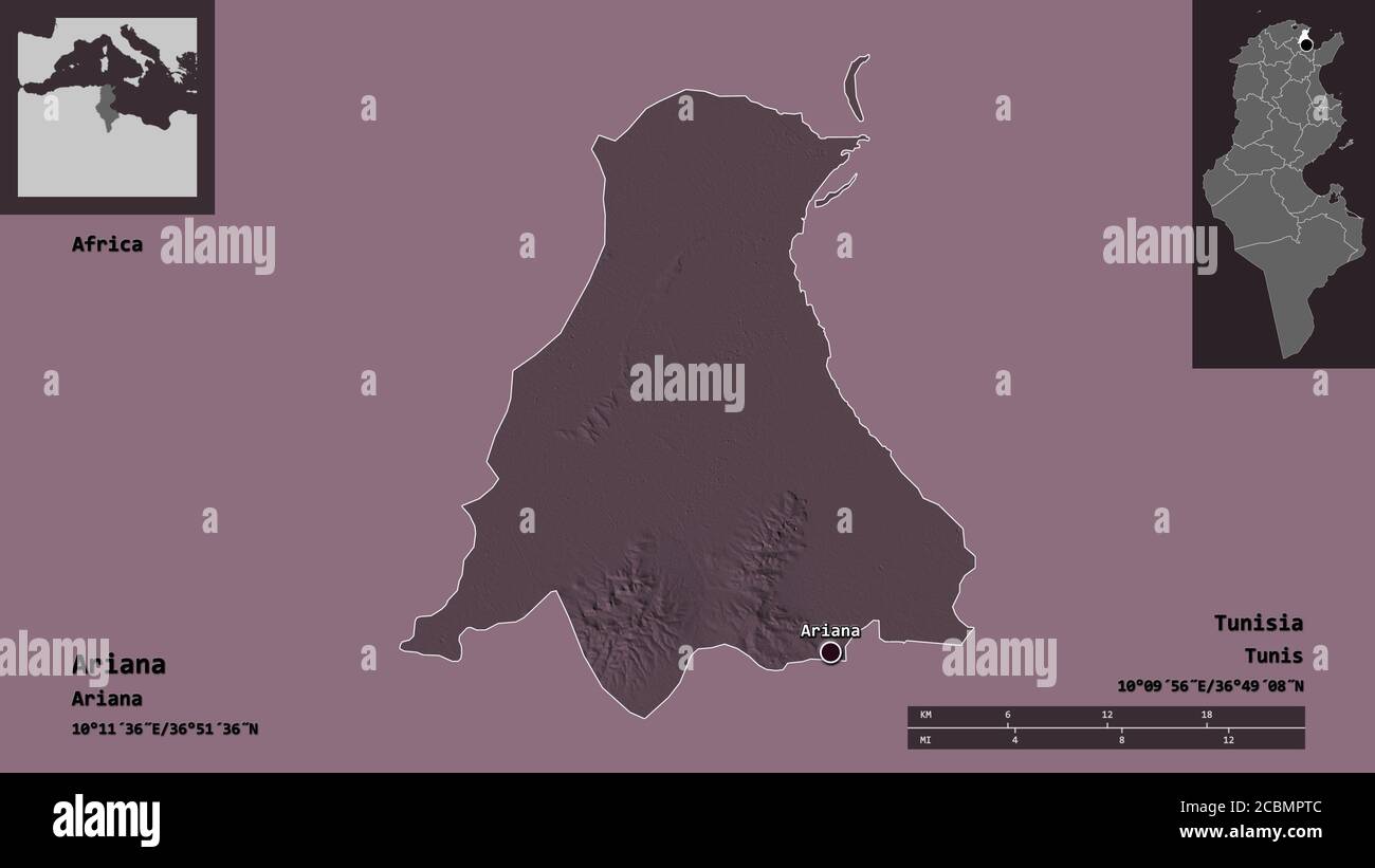 Shape of Ariana, governorate of Tunisia, and its capital. Distance ...