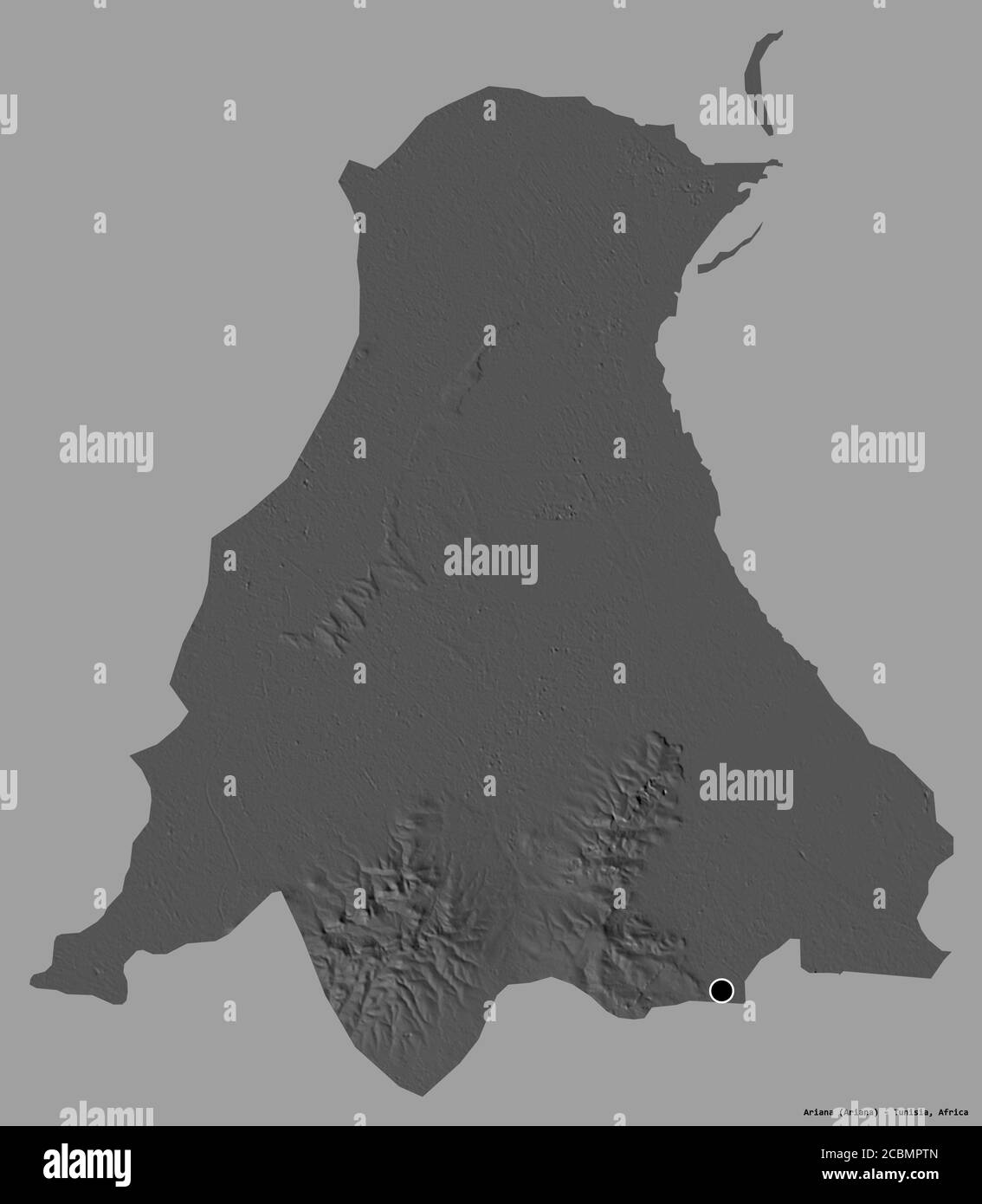 Shape of Ariana, governorate of Tunisia, with its capital isolated on a ...