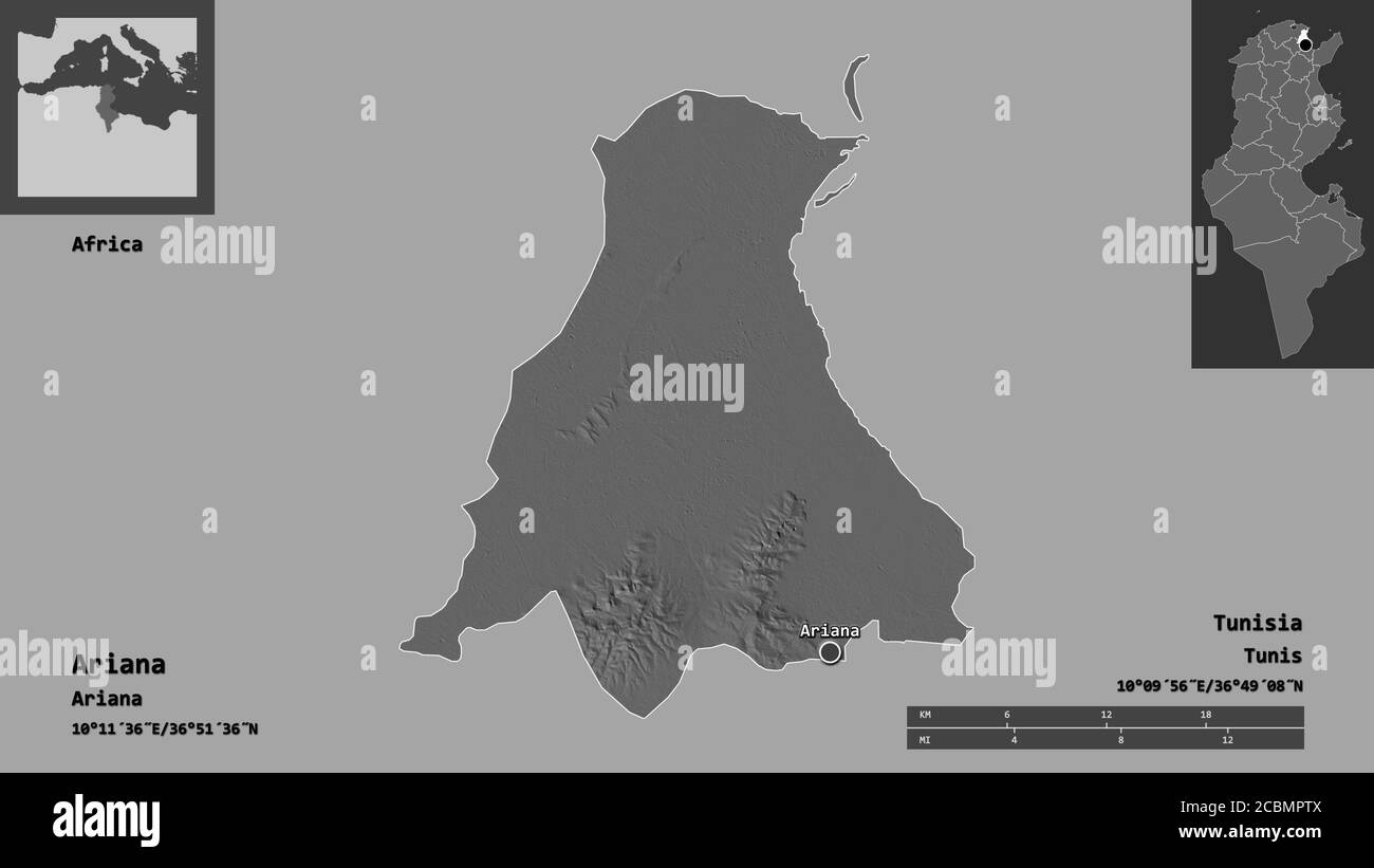 Shape of Ariana, governorate of Tunisia, and its capital. Distance ...
