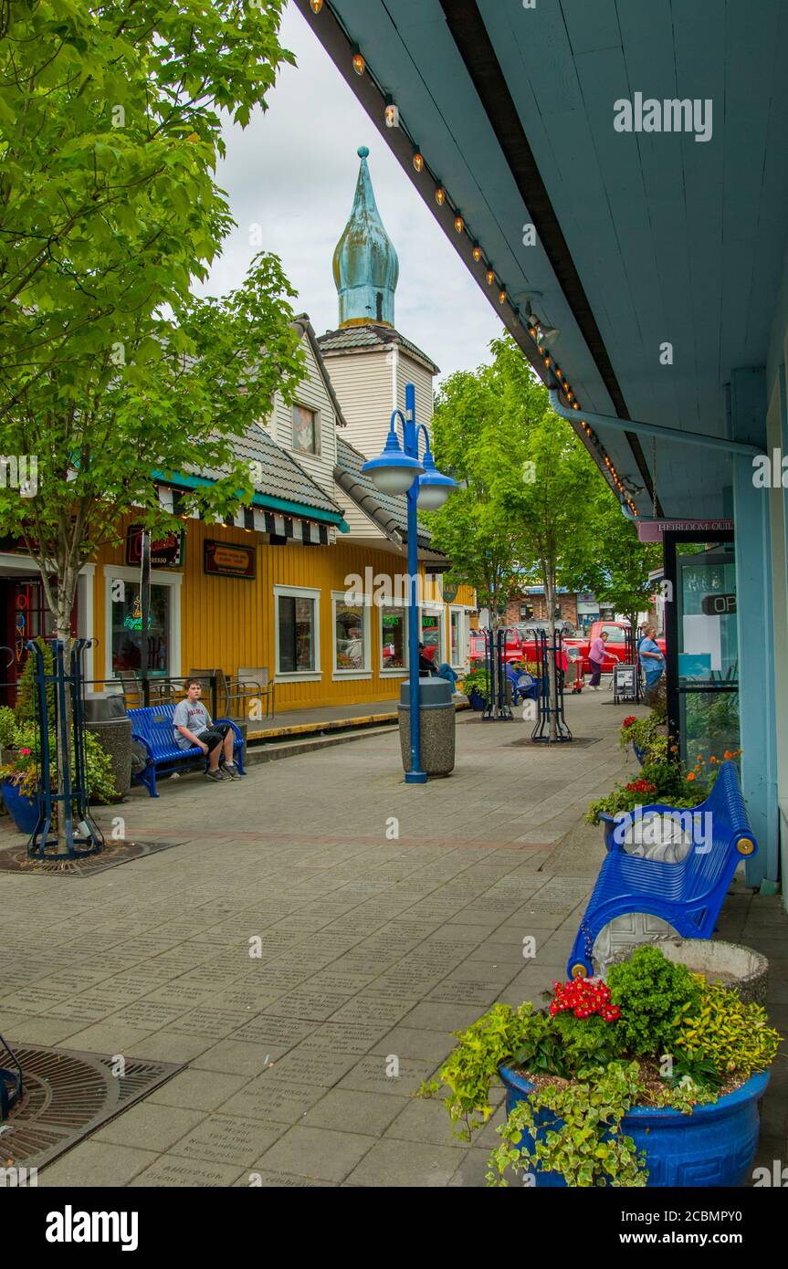 A street scene early spring in the Scandinavian style town of Poulsbo ...