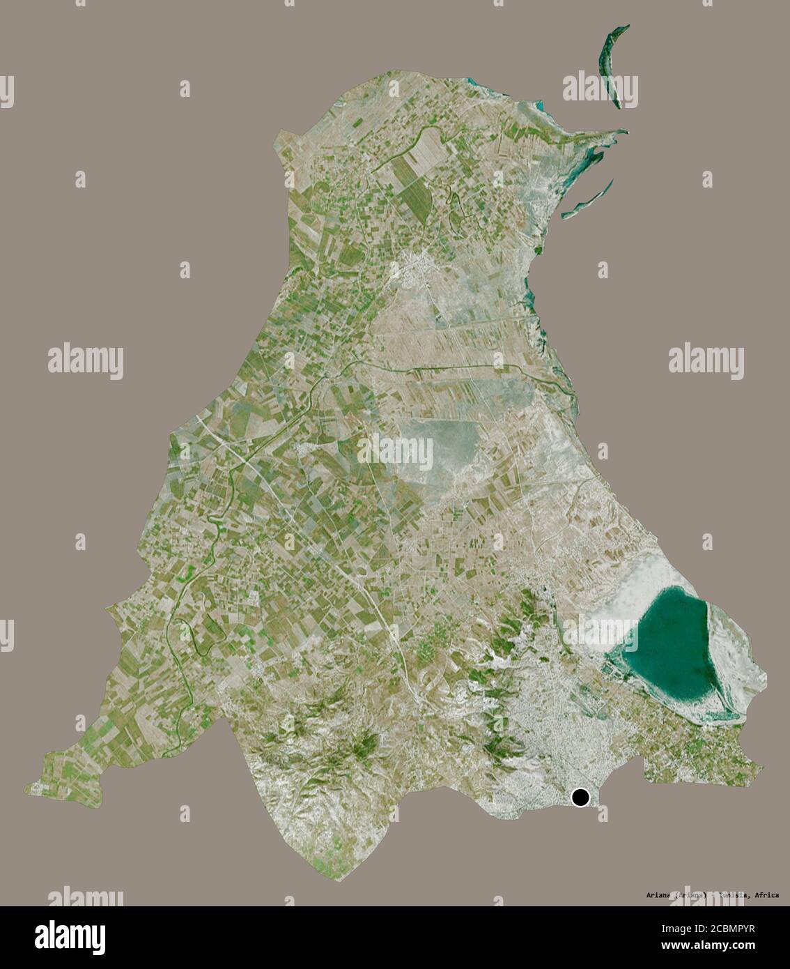 Shape of Ariana, governorate of Tunisia, with its capital isolated on a ...