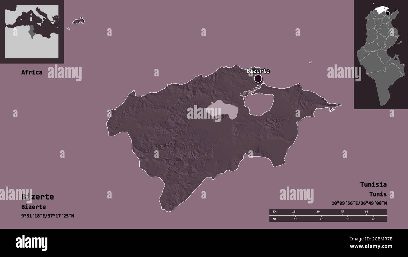 Shape of Bizerte, governorate of Tunisia, and its capital. Distance ...
