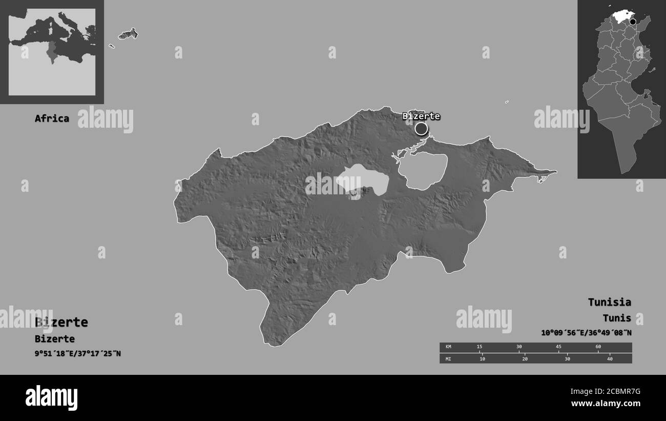 Shape of Bizerte, governorate of Tunisia, and its capital. Distance ...