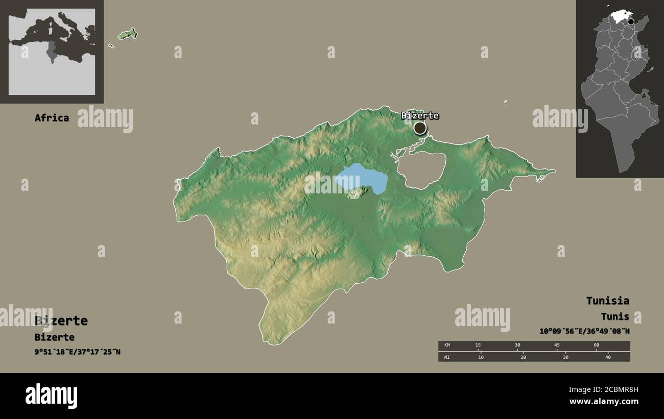 Shape of Bizerte, governorate of Tunisia, and its capital. Distance ...