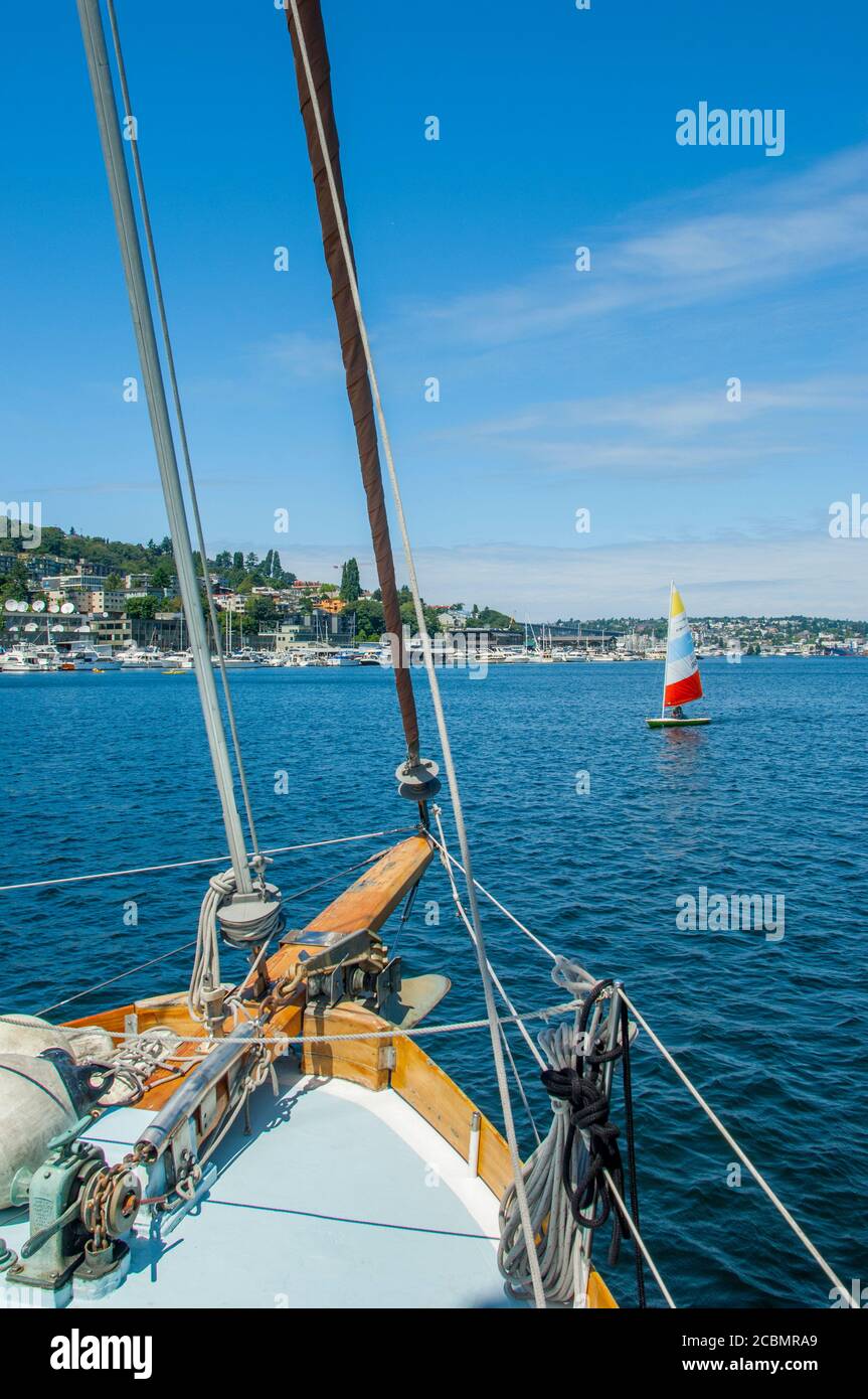 The bow of a schooner on Lake Union in Seattle, Washington State, USA ...