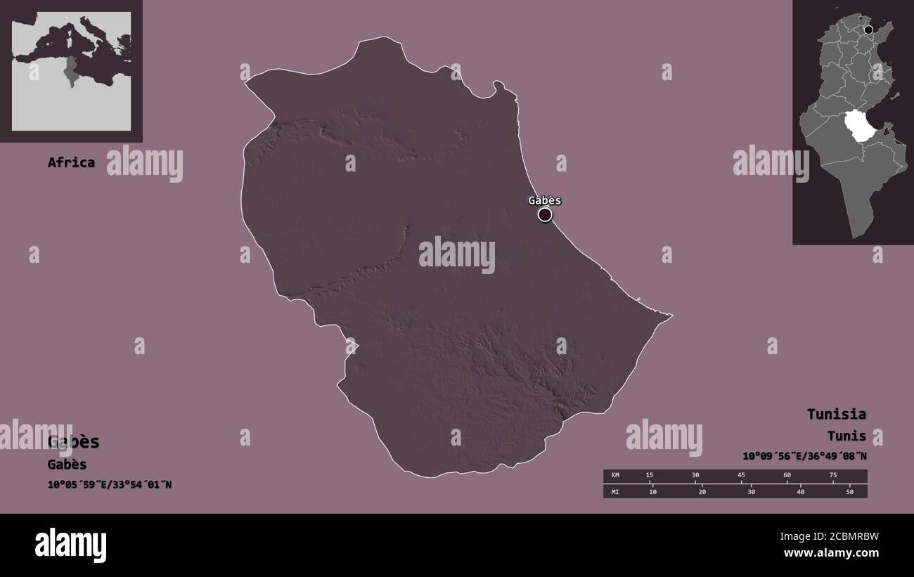 Shape of Gabès, governorate of Tunisia, and its capital. Distance scale ...